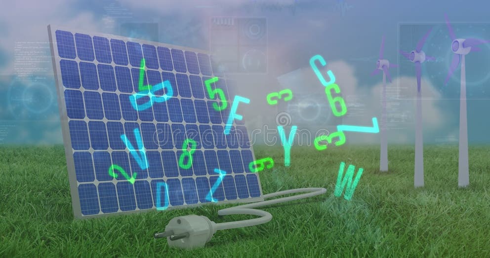 Image of Data Processing and Letters Over Wind Turbines and Solar Panel ...