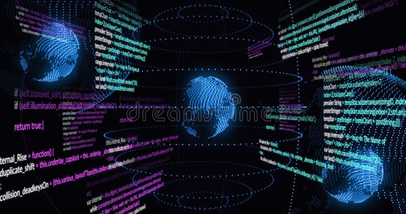 Image of Data Processing and Light Trails Spinning Over Three Globe ...
