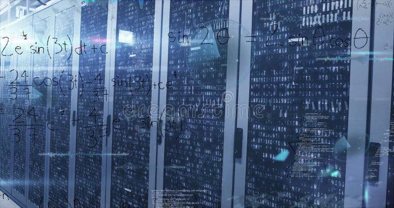 Image Of Data Processing And Mathematical Equations Against Binary Coding Over Server Room Stock