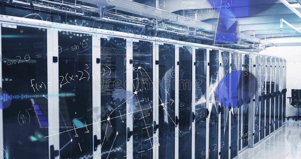 Image of Data Processing and Mathematical Equations Against Plexus Networks Over Server Room ...