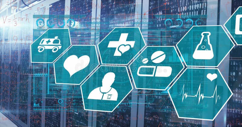 Image of Data Processing with Medical Icons Over Server Room Stock ...