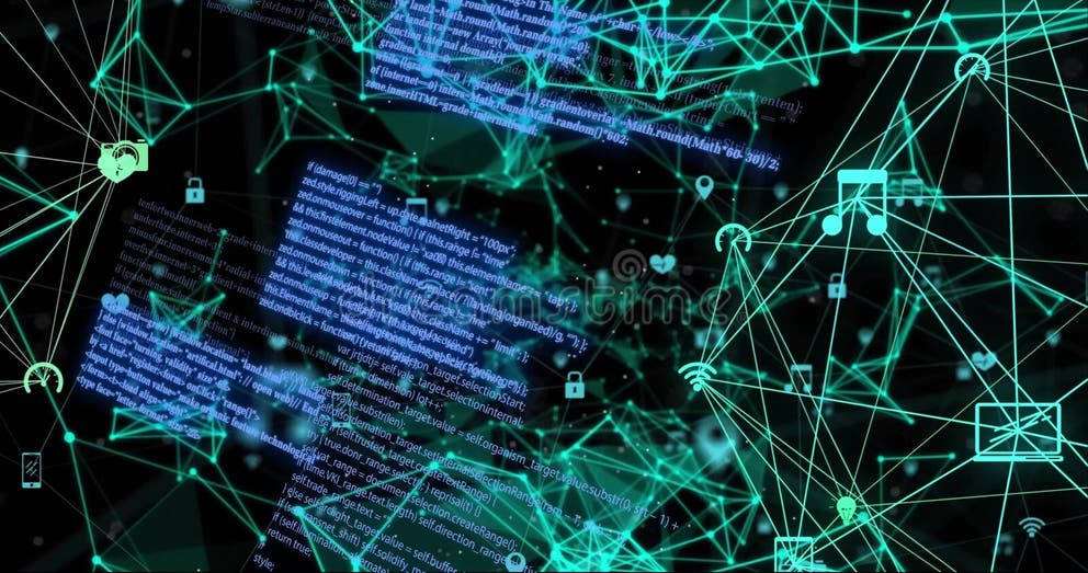 Image of Data Processing and Network of Connections with Icons on Black ...