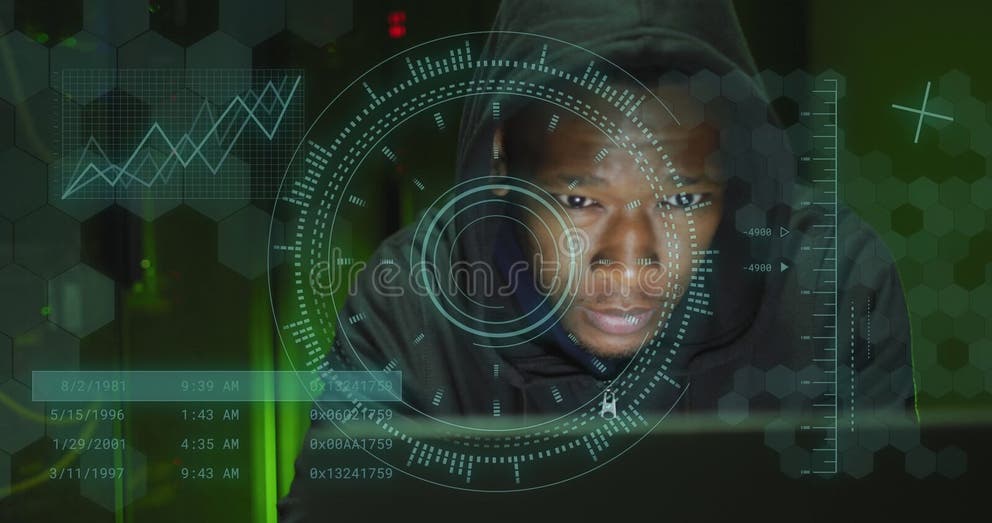 Image of Data Processing Over African American Male Hacker in Server ...