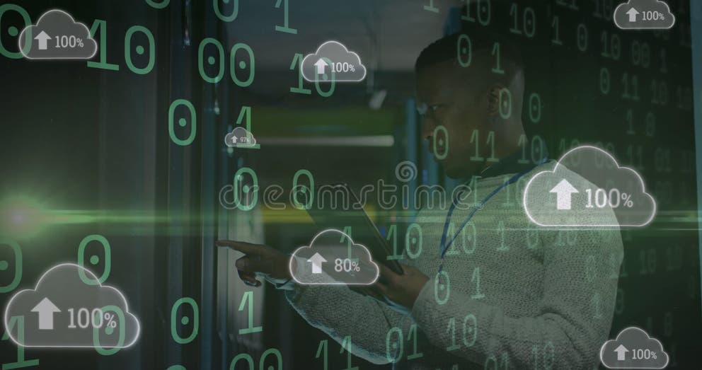 Image of Data Processing Over African American Male Server Room Worker ...