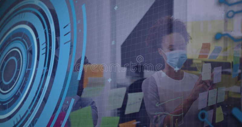 Image of Data Processing Over African American Man and Woman Discussing ...