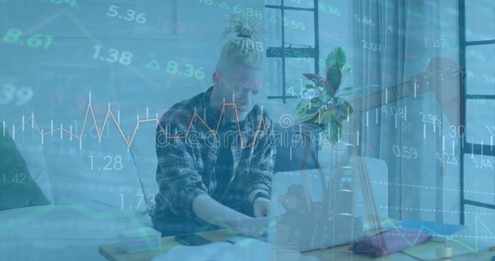 Image of Data Processing Over Albino African American Man Using Laptop ...