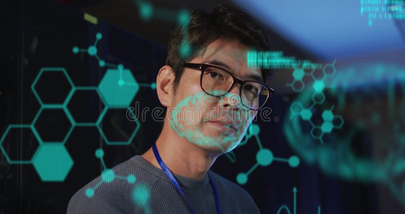 Image of Data Processing Over Asian Male Worker in Server Room Stock ...