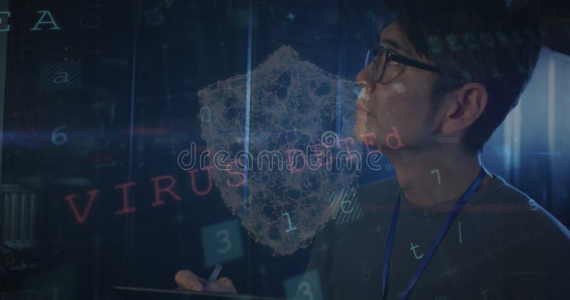 Image of Data Processing Over Asian Male Worker in Server Room Stock ...