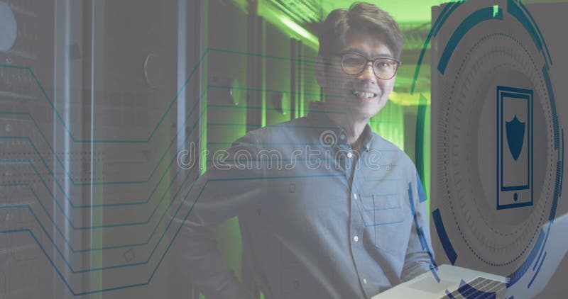 Image of Data Processing Over Asian Male Worker in Server Room Stock ...