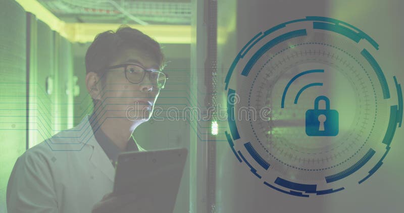 Image of Data Processing Over Asian Male Worker in Server Room Stock ...