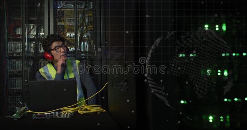 Image of Data Processing Over Asian Male Worker in Server Room Stock ...