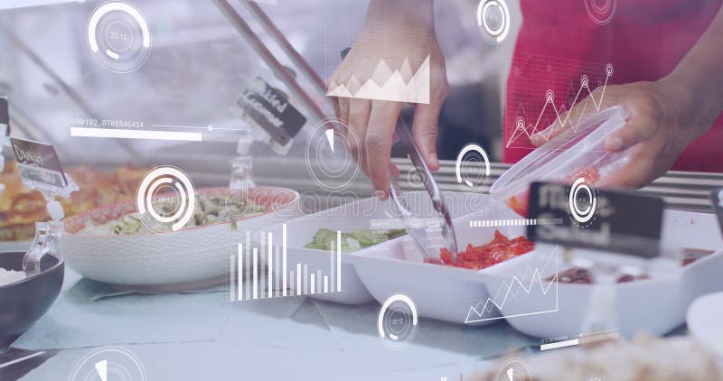 Image of Data Processing Over Biracial Male Shop Assistant Picking Food ...