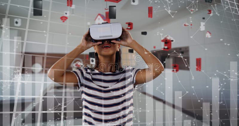 Image of Data Processing Over Biracial Woman with Vr Headset Stock ...