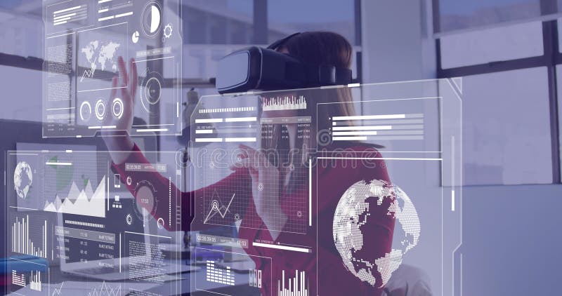 Image of Data Processing Over Caucasian Businesswoman Using Vr Headset ...