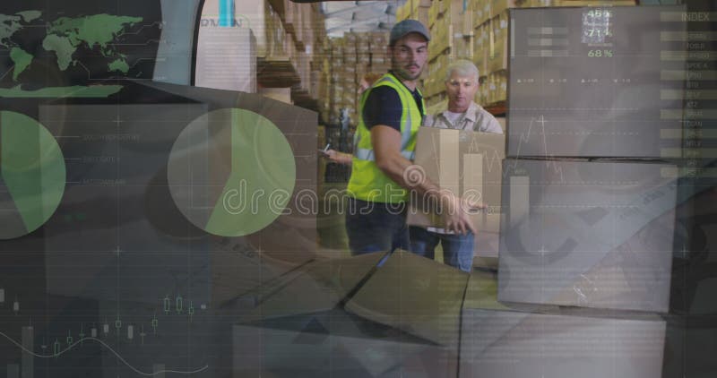 Image of Data Processing Over Caucasian Delivery Man Packing Boxes ...