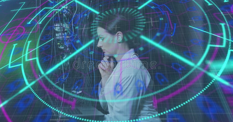 Image of Data Processing Over Caucasian Female it Engineer with Laptop Checking Computer Servers ...