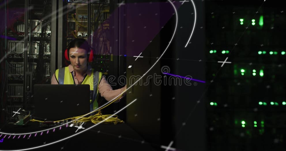 Image of Data Processing Over Caucasian Female it Engineer with Laptop by Computer Server Stock ...