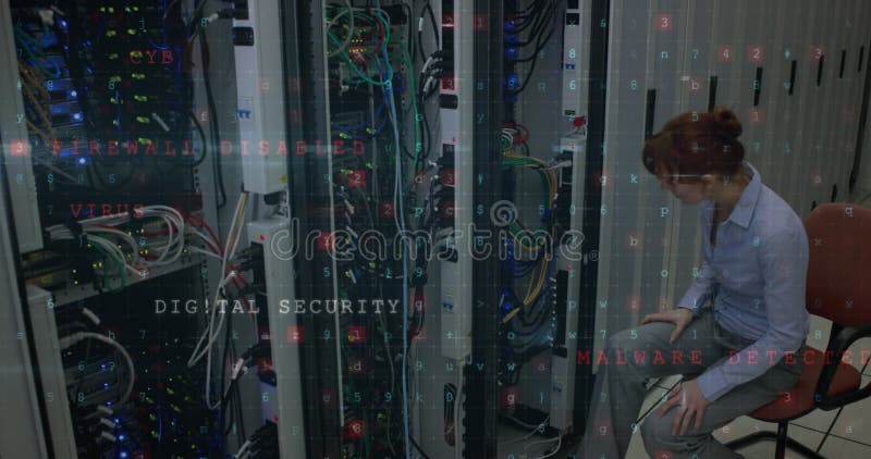 Image of Data Processing Over Caucasian Female Worker in Server Room ...