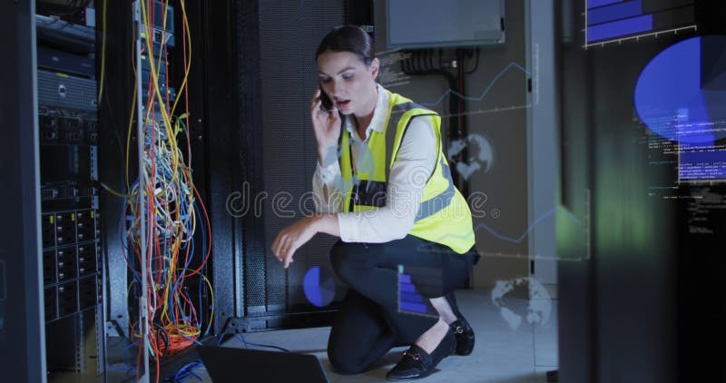 Image of Data Processing Over Caucasian Female Worker in Server Room ...