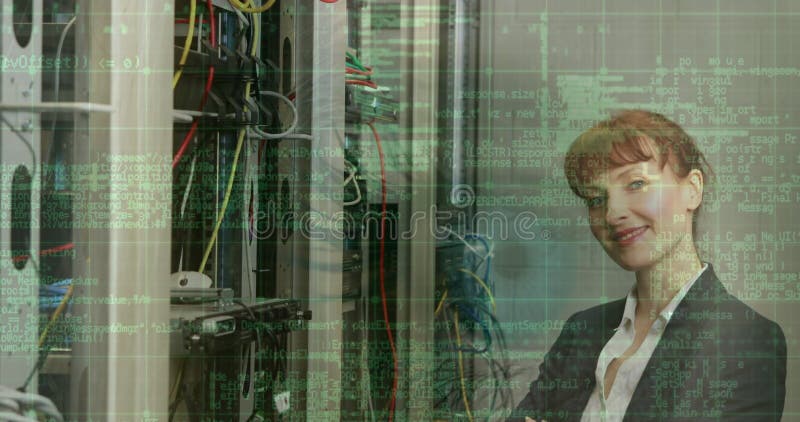 Image of Data Processing Over Caucasian Female Worker in Server Room ...