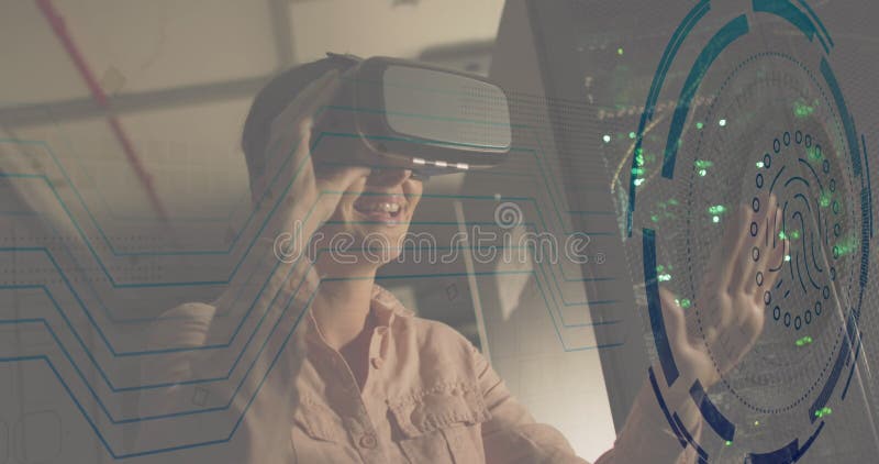 Image of Data Processing Over Caucasian Female Worker with Vr Headset ...