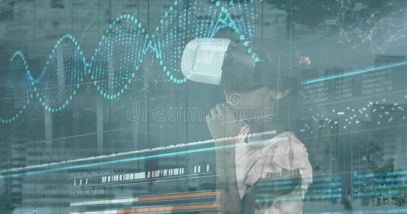 Image of Data Processing Over Caucasian Girl with Vr Headset Stock ...