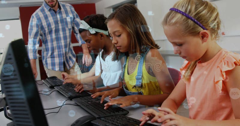 Image of Data Processing Over Caucasian Male Teacher with Diverse ...