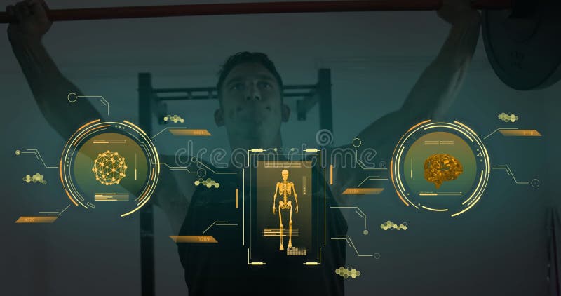 Image of Data Processing Over Caucasian Man Exercising in Gym Stock ...