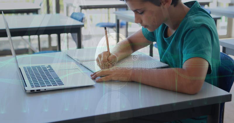 Image of Data Processing Over Caucasian Student Writing on Notebook ...