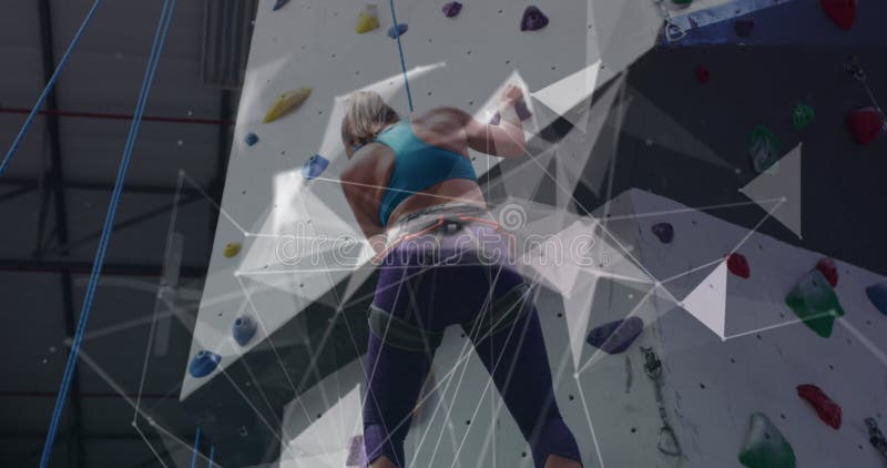 Image of Data Processing Over Caucasian Woman Climbing Wall Stock Photo ...