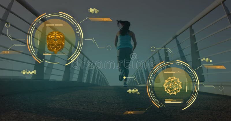 Image of Data Processing Over Caucasian Woman Running Stock Photo ...