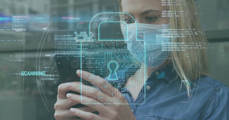 Image of Data Processing Over Caucasian Women Wearing Face Mask Using ...