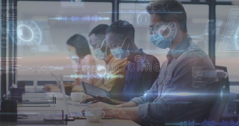 Image of Data Processing Over Diverse Colleagues Wearing Face Masks ...