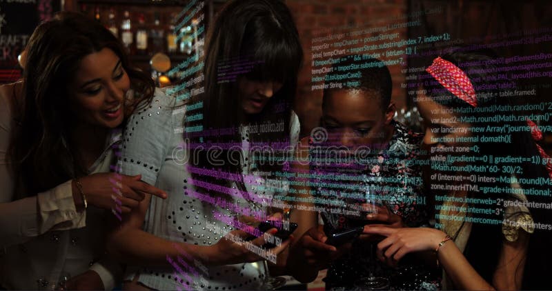 Image of Data Processing Over Diverse Female Friends in Bar Stock Photo ...