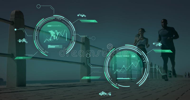 Image of Data Processing Over Diverse Man and Woman Running Stock Image ...