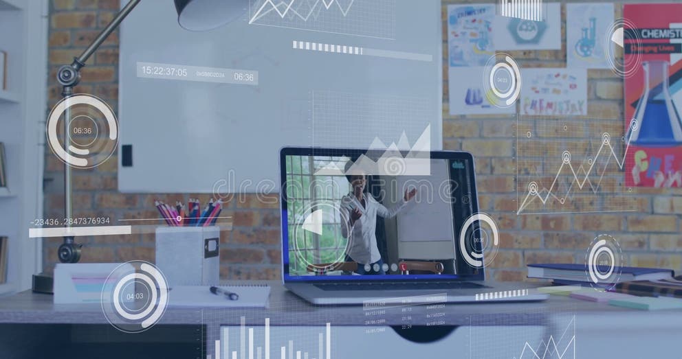 Image of Data Processing Over Female Teacher on Laptop Screen Stock ...