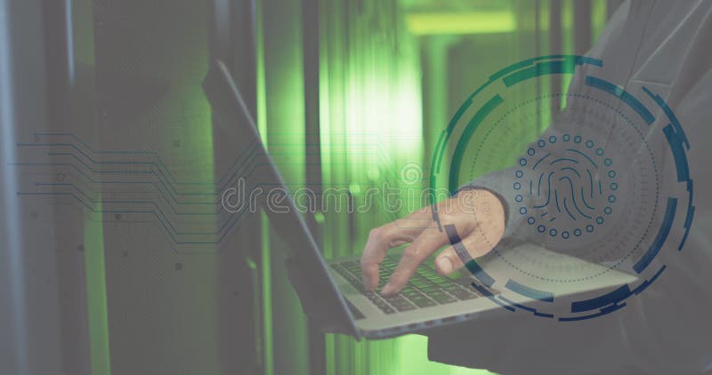 Image of Data Processing Over Hands Using Laptop in Server Room Stock ...