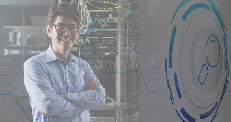 Image of Data Processing Over Happy Asian Male Worker in Server Room ...