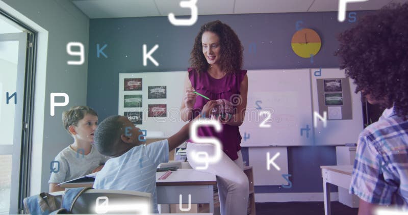 Image of Data Processing Over Happy Diverse Female Teacher with Model ...