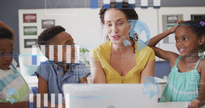 Image of Data Processing Over Happy Diverse Female Teacher and Pupils ...