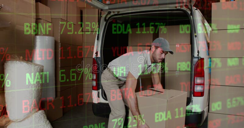 Image of Data Processing Over Man Packing Boxes into Car Stock Photo ...