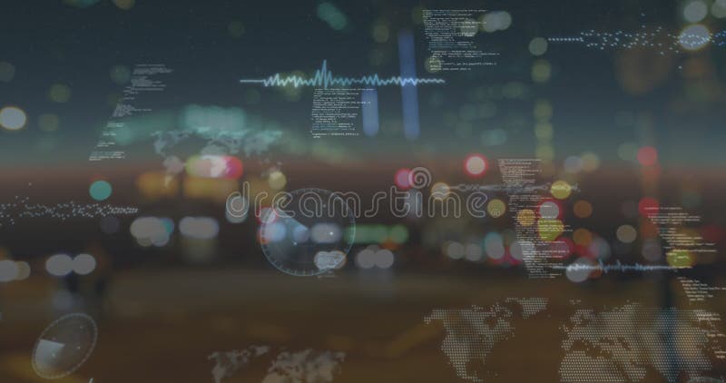 Image of Data Processing Over People and Cars on Busy Street Stock ...