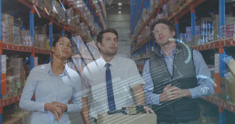 Image of Data Processing Over People Working in Warehouse Stock Image ...