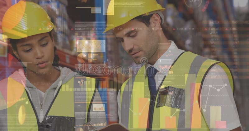 Image of Data Processing Over People Working in Warehouse Stock Image ...
