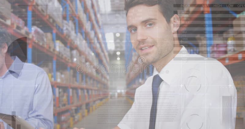Image of Data Processing Over People Working in Warehouse Stock Image ...