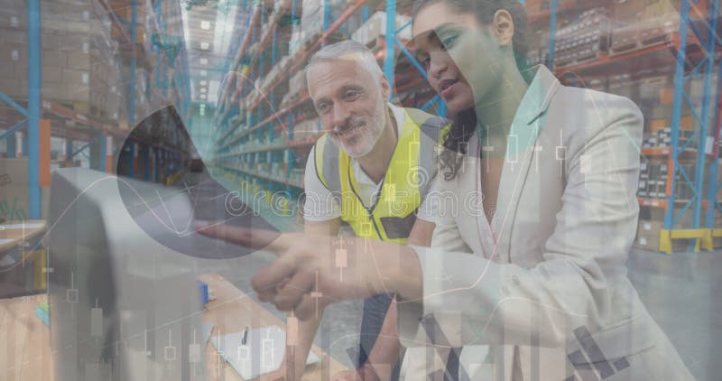 Image of Data Processing Over People Working in Warehouse Stock Photo ...
