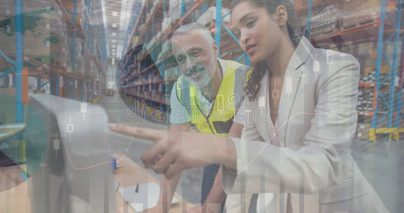 Image of Data Processing Over People Working in Warehouse Stock Photo ...