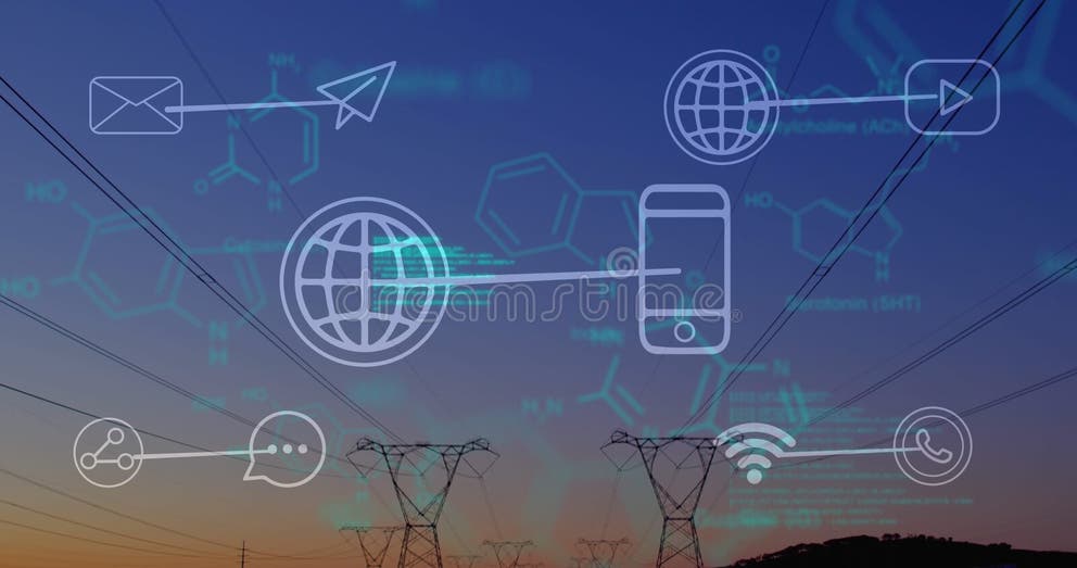 Image of Data Processing Over Pylons and Media Icons Stock Illustration ...