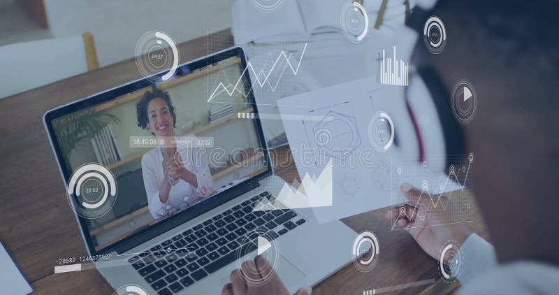 Image of Data Processing Over Schoolboy Learning Online with Female Teacher on Laptop Screen ...