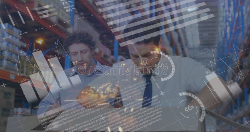 Image of Data Processing Over Warehouse Worker Opening Box in Shipping ...